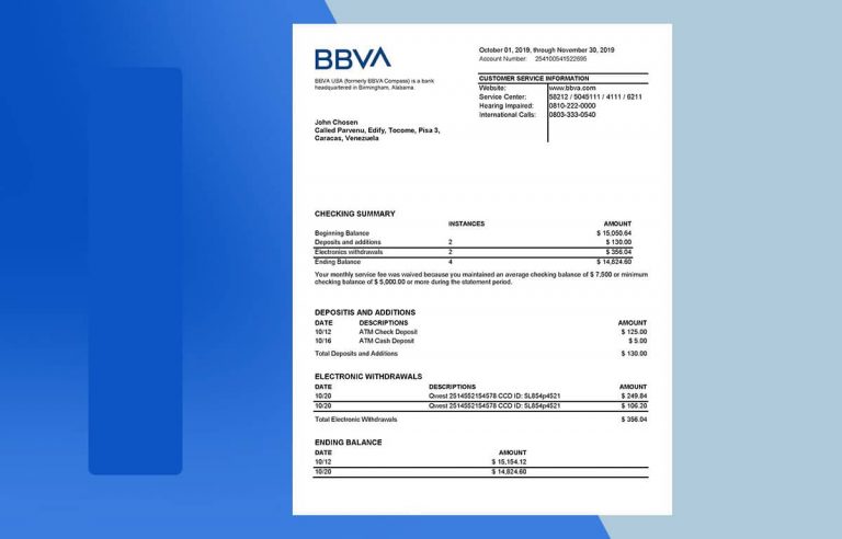 BBVA Bank Statement Template – Download MS Word File